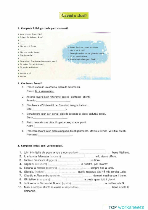 Lavori o studi - parte 2. Scheda interattiva | TopWorksheets