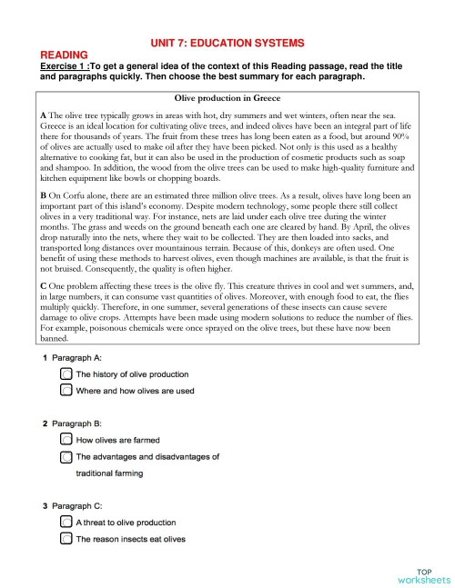 Unit 7 - Reading - Education Systems. Interactive worksheet | TopWorksheets