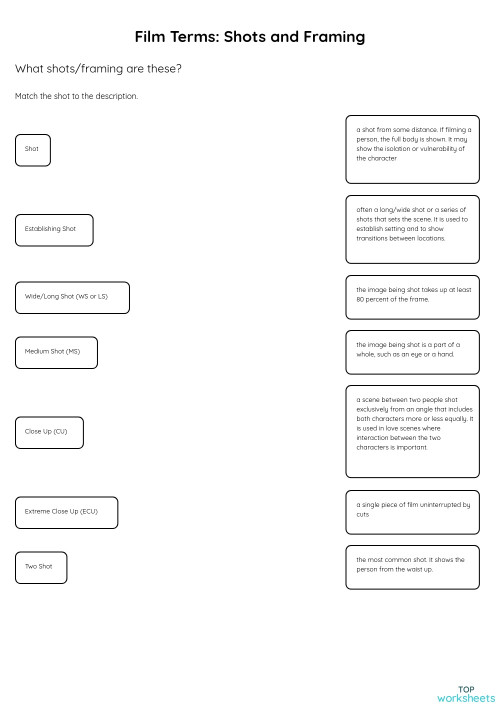 Film Terms: Shots and Framing. Interactive worksheet | TopWorksheets