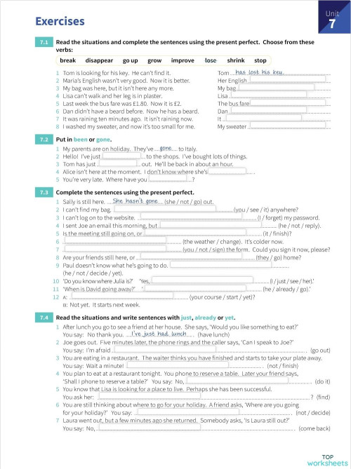 unit 7 Present Perfect. Interactive worksheet | TopWorksheets