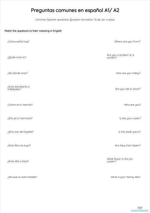 Preguntas comunes en español A1/ A2. Ficha interactiva | TopWorksheets