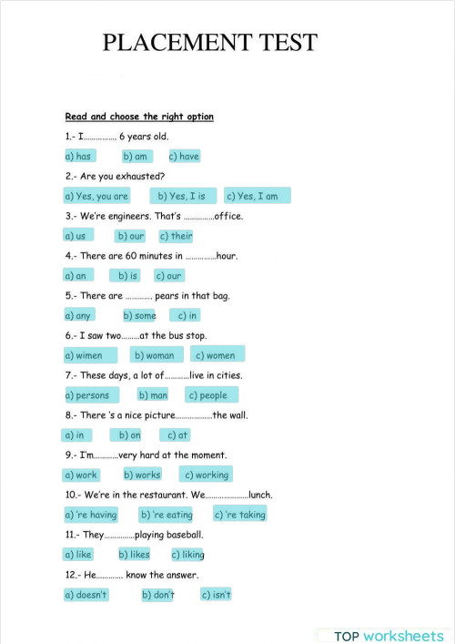 Placement Test A1-A2. Interactive worksheet | TopWorksheets Placement Test A1-A2. Interactive worksheet | TopWorksheets