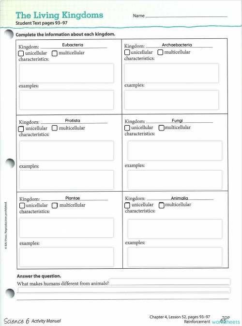 Lesson 52: The Living Kingdoms Pg 65. Interactive worksheet | TopWorksheets