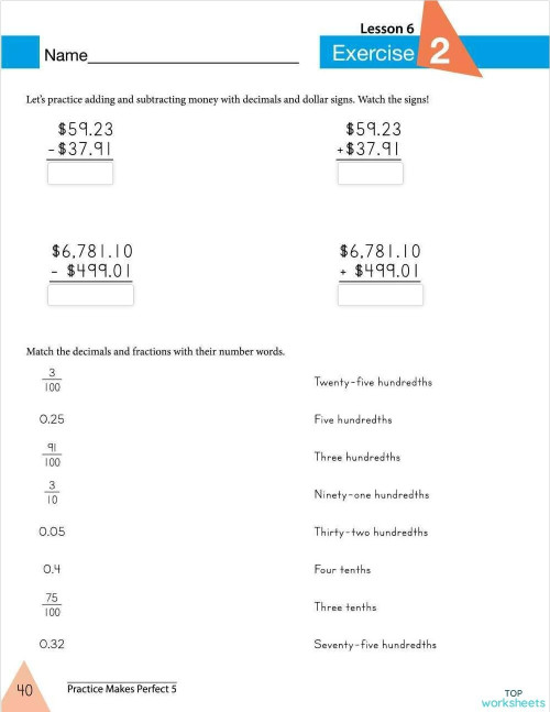 Lesson 6: Exercise 2 Pg 40. Interactive worksheet | TopWorksheets