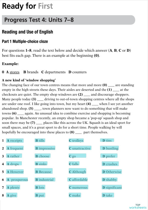 PROGRESS TEST 4 UNITS 7-8. Interactive worksheet | TopWorksheets