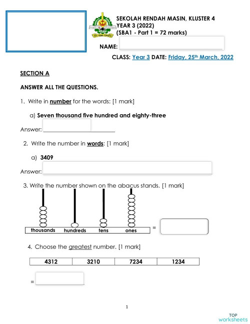 Yr 3 re test part 1 (25-Mar-2022). Interactive worksheet | TopWorksheets