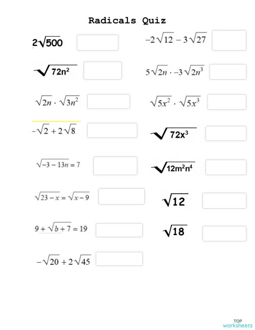 Radicals Quiz. Interactive worksheet | TopWorksheets