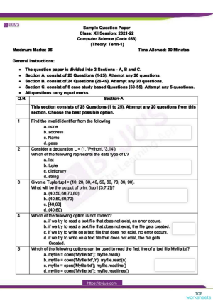 CS Sample Paper Section-A. Interactive worksheet | TopWorksheets