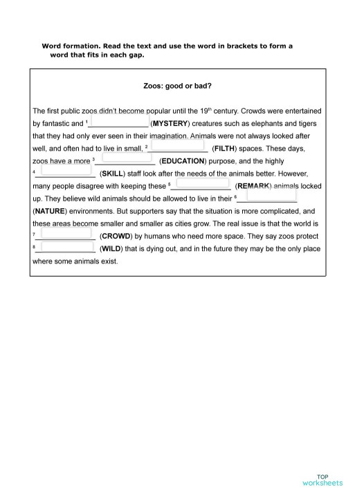 Word Formation (zoos). Interactive worksheet | TopWorksheets