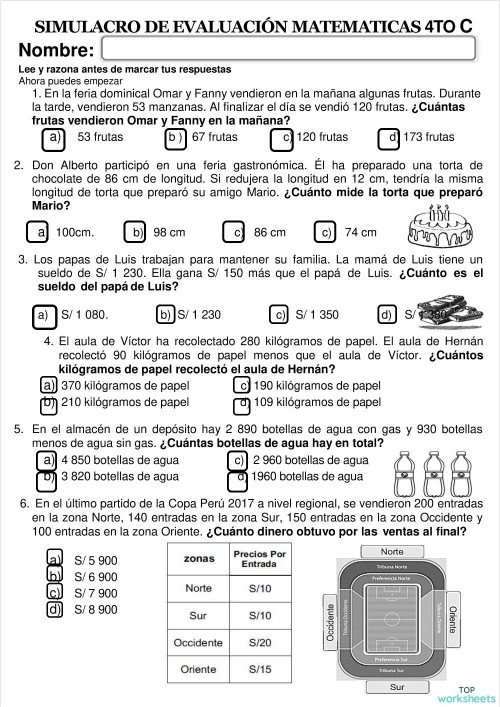 EXAMEN ECE MATEMATICAS 4TO C. Ficha interactiva | TopWorksheets