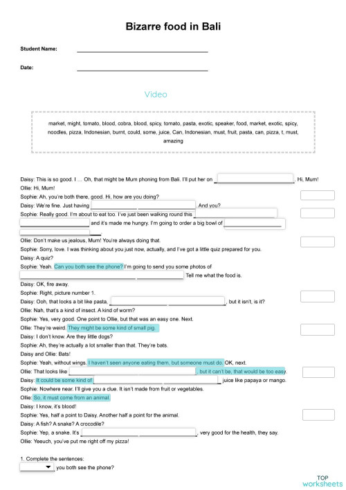 Bizarre food in Bali. Interactive worksheet | TopWorksheets