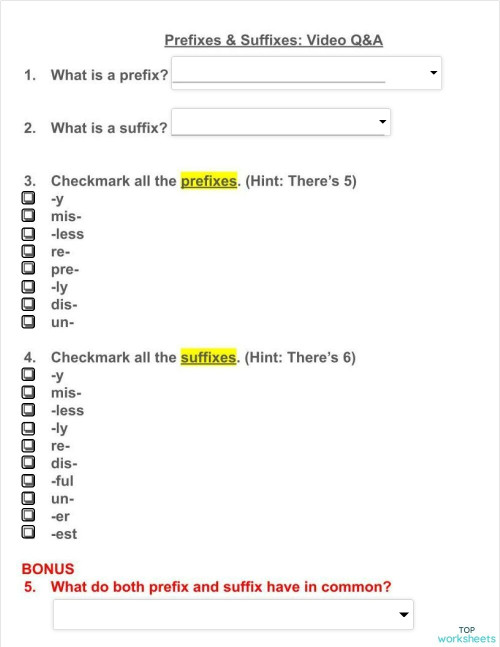 Prefixes & Suffixes: Video Q&A. Interactive worksheet | TopWorksheets