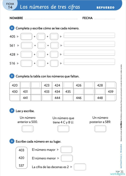 Los números de tres cifras. Ficha interactiva | TopWorksheets