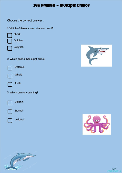 Sea Animals - Multiple Choice. Interactive worksheet | TopWorksheets