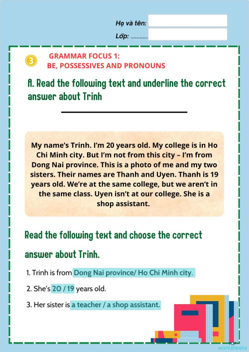 A. Read the following text and underline the correct answer about Trinh.. Interactive worksheet ...