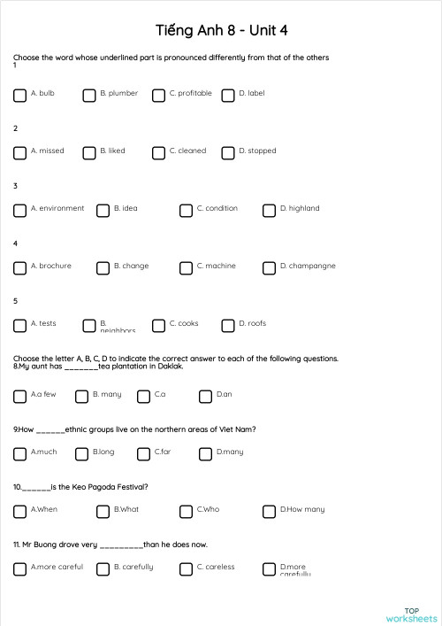 Tiếng Anh 8 - Unit 4. Interactive worksheet | TopWorksheets
