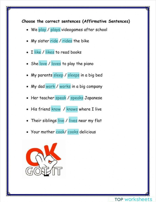 Simple present affirmative sentences. Interactive worksheet | TopWorksheets