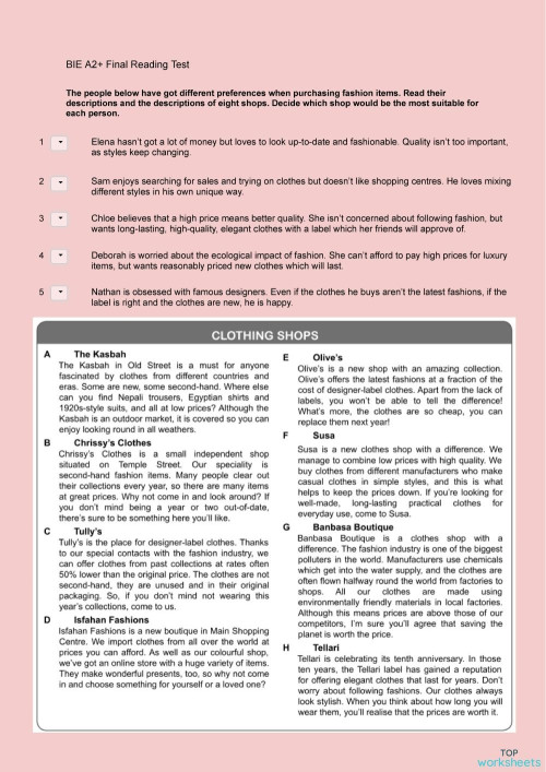 BIE A2+ Final Reading Test. Interactive worksheet | TopWorksheets