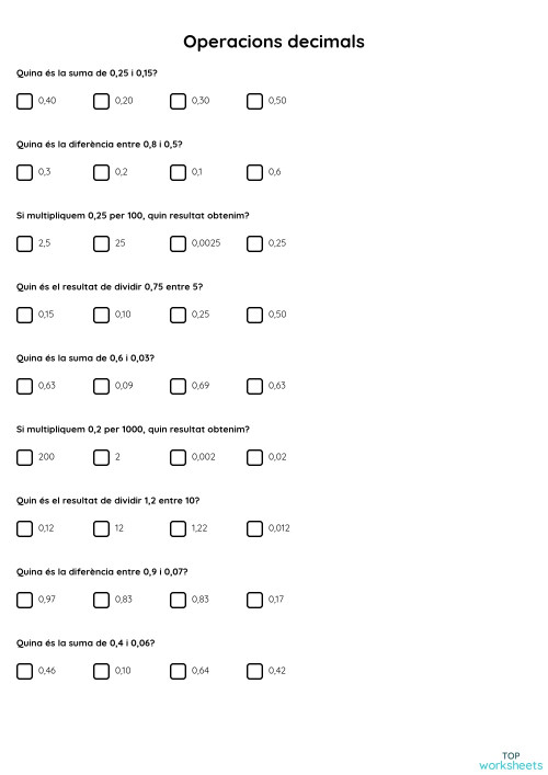 Operacions decimals. Fitxa interactiva | TopWorksheets