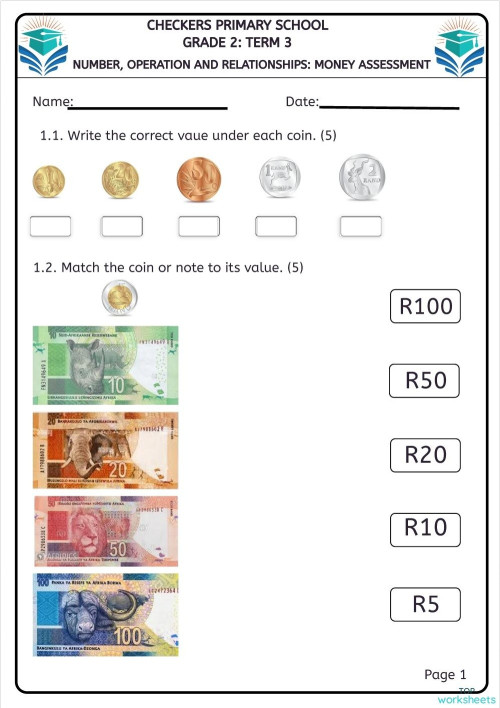 Grade 2 Term 3: NOR Money Assessment. Interactive worksheet | TopWorksheets