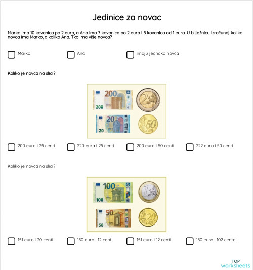 Jedinice za novac. Interactive worksheet | TopWorksheets