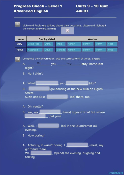 Quiz - Progress Check Level 1 - Unit 7-8. Interactive worksheet | TopWorksheets