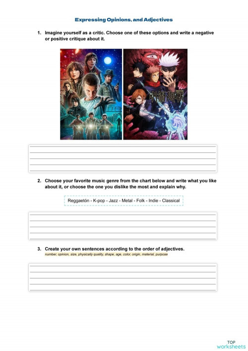 Expressing Opinions, and Adjectives. Interactive worksheet | TopWorksheets