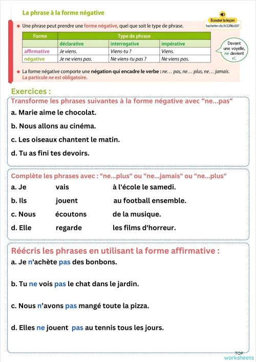 La Forme Négative (CM2). Fiche interactive | TopWorksheets