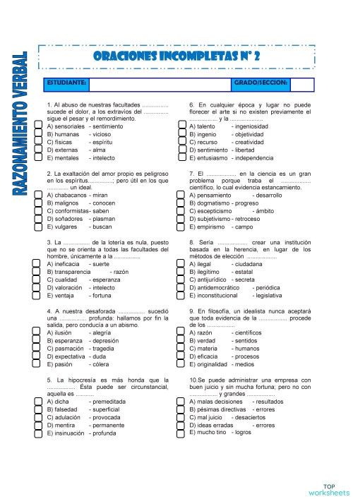 ORACIÓN INCOMPLETA 2. Ficha interactiva | TopWorksheets