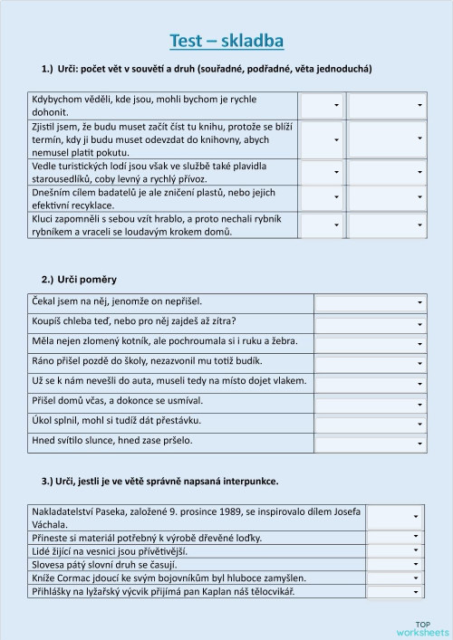 Čeština: interaktivní pracovní listy a online cvičení | TopWorksheets