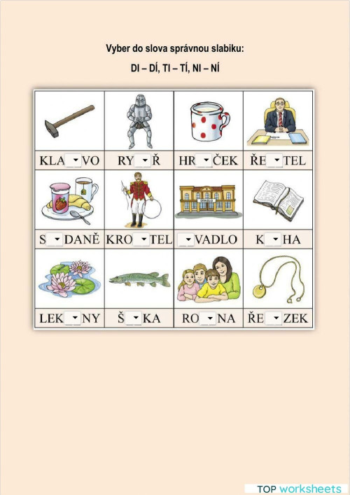 Doplňování slabik di-dí, ti-tí, ni-ní. Interaktivní pracovní list ...