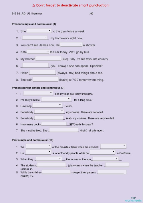 Bie B2 U2 Ad B1 Grammar Test Interactive Worksheet Topworksheets