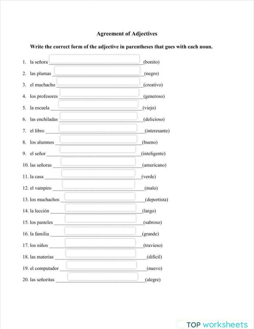 WS-Agreement of Adjectives. Ficha interactiva | TopWorksheets