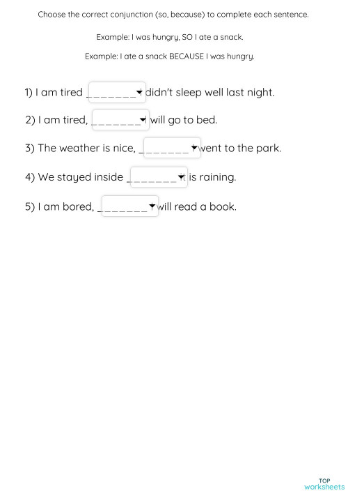 Conjunctions (so, because). Interactive worksheet | TopWorksheets