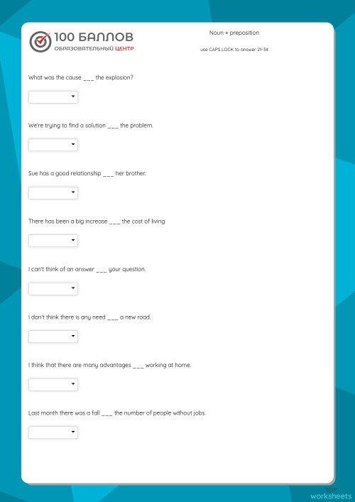 Noun + preposition. Interactive worksheet | TopWorksheets