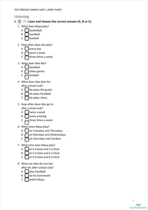 TEST PRESENT SIMPLE LISTENING U1. Interactive worksheet | TopWorksheets