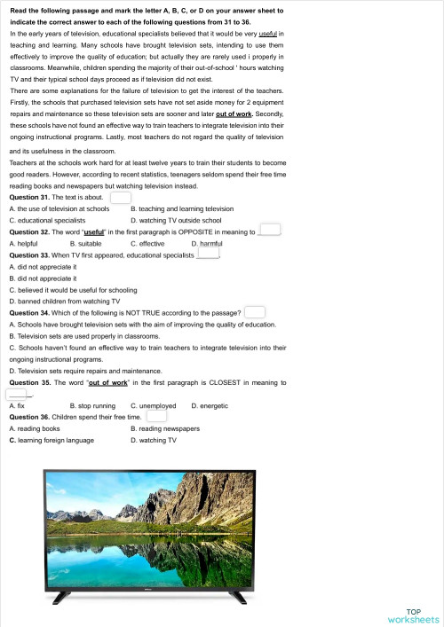 READING MULTIPLE CHOICE 20. Interactive worksheet | TopWorksheets