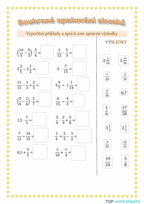 Zlomky - souhrnné opakování 2. Interaktivní pracovní list | TopWorksheets