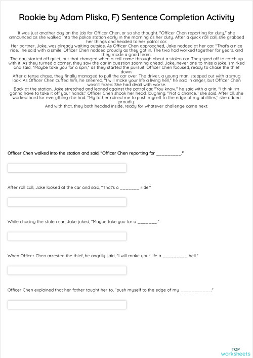 Rookie by Adam Pliska, F) Sentence Completion Activity. Interactive ...