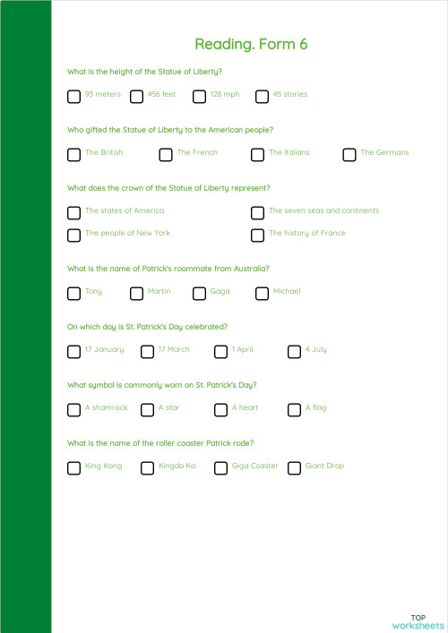Reading. Form 6. Interactive worksheet | TopWorksheets