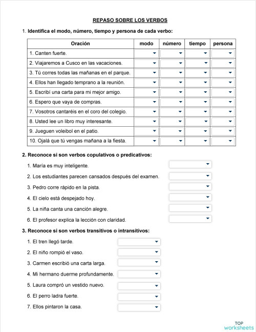 LOS VERBOS Y SU CONJUGACIÓN. Ficha interactiva | TopWorksheets