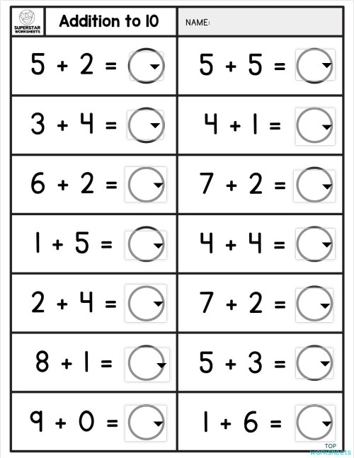 Addition Within 10: Dropdown. Interactive worksheet | TopWorksheets
