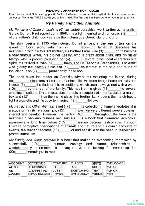 My family and other animals- cloze text. Interactive worksheet ...