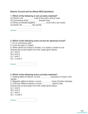 Electric current and its effects MCQ questions. Interactive worksheet ...