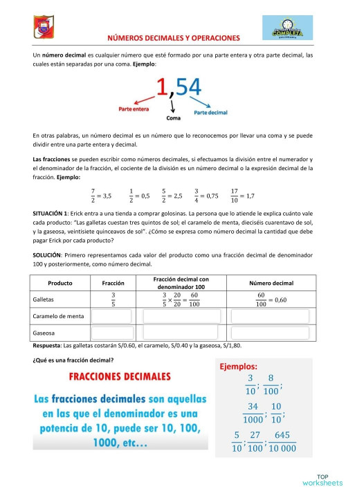 OPERACIONES NUMEROS DECIMALES. Ficha interactiva | TopWorksheets
