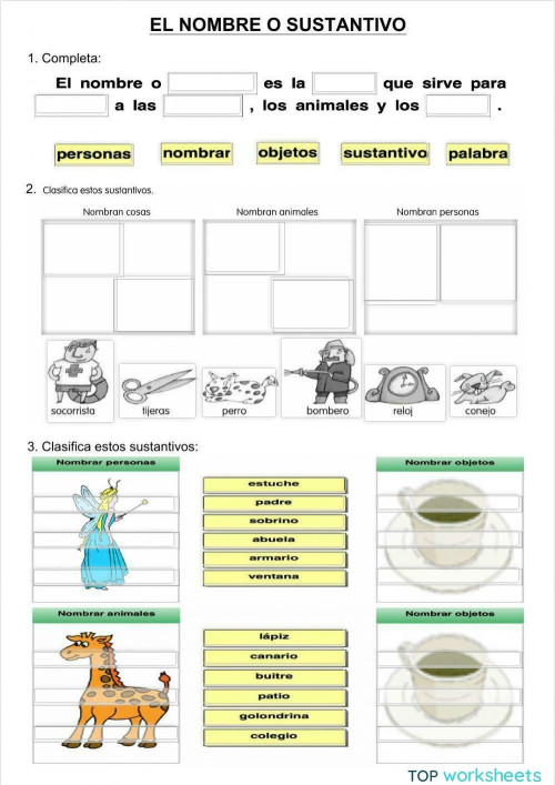 El nombre o sustantivo. Ficha interactiva | TopWorksheets