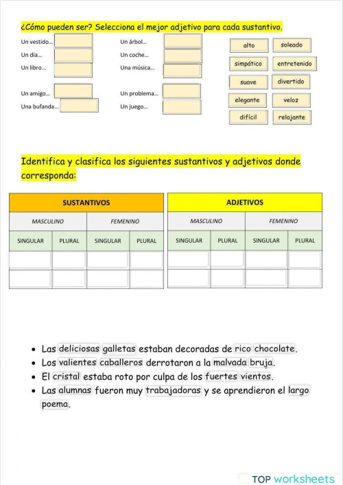Sustantivos y adjetivos. Ficha interactiva | TopWorksheets
