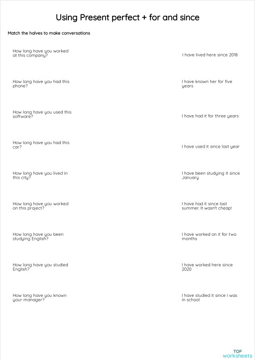 Using Present perfect + for and since. Interactive worksheet ...