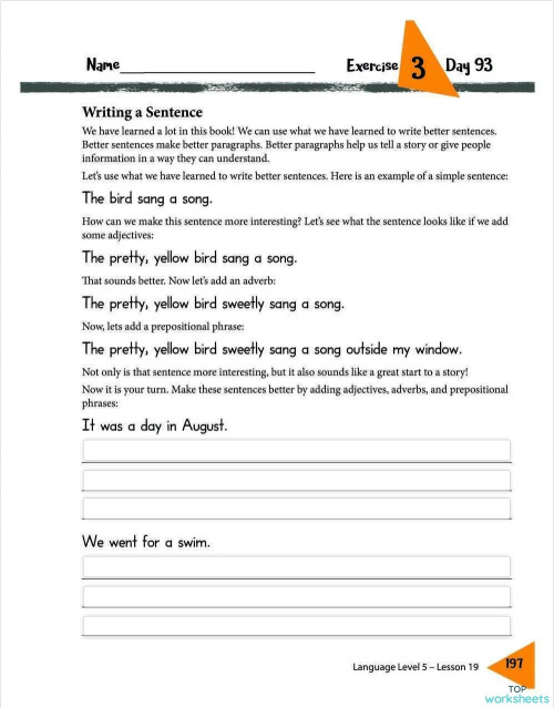 Lesson 19: Writing a Sentence Pg 197-198 Ex 3. Interactive worksheet | TopWorksheets
