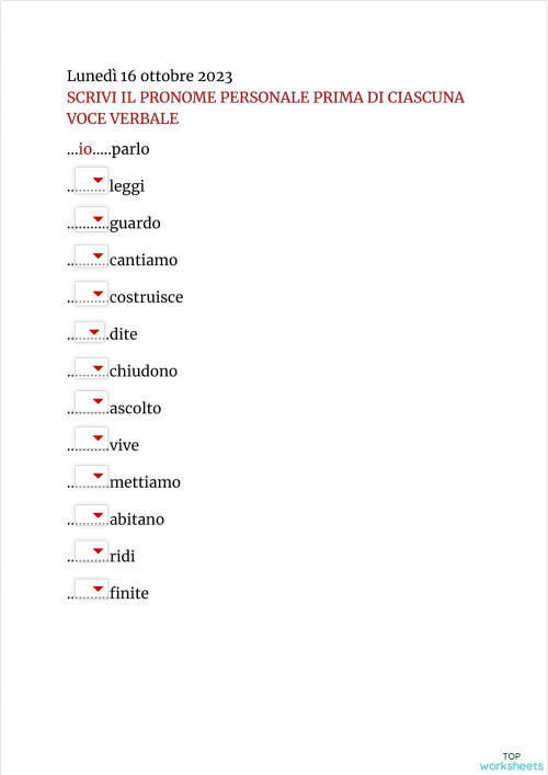 Verbi al presente indicativo e pronomi personali. Scheda interattiva ...
